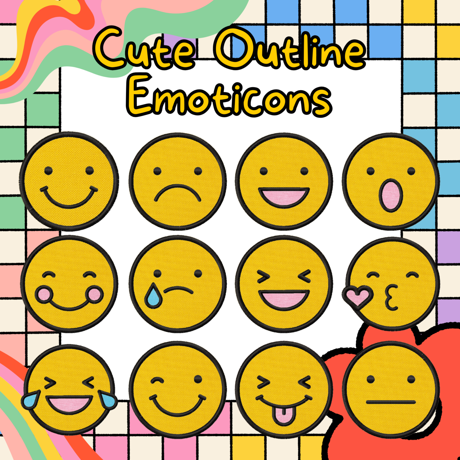Cute Outline Emoticons Stitched and Appliqué Embroidery Designs 12 ...